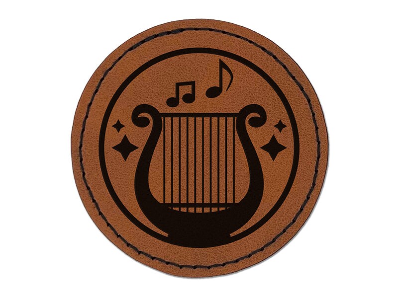 Bard Instrument Harp Lyre Round Iron-On Engraved Faux Leather Patch ...