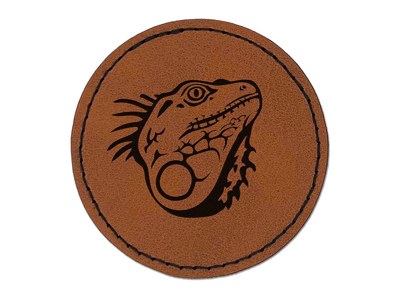 Spiny Green Iguana Lizard Head Round Iron-On Engraved Faux Leather ...