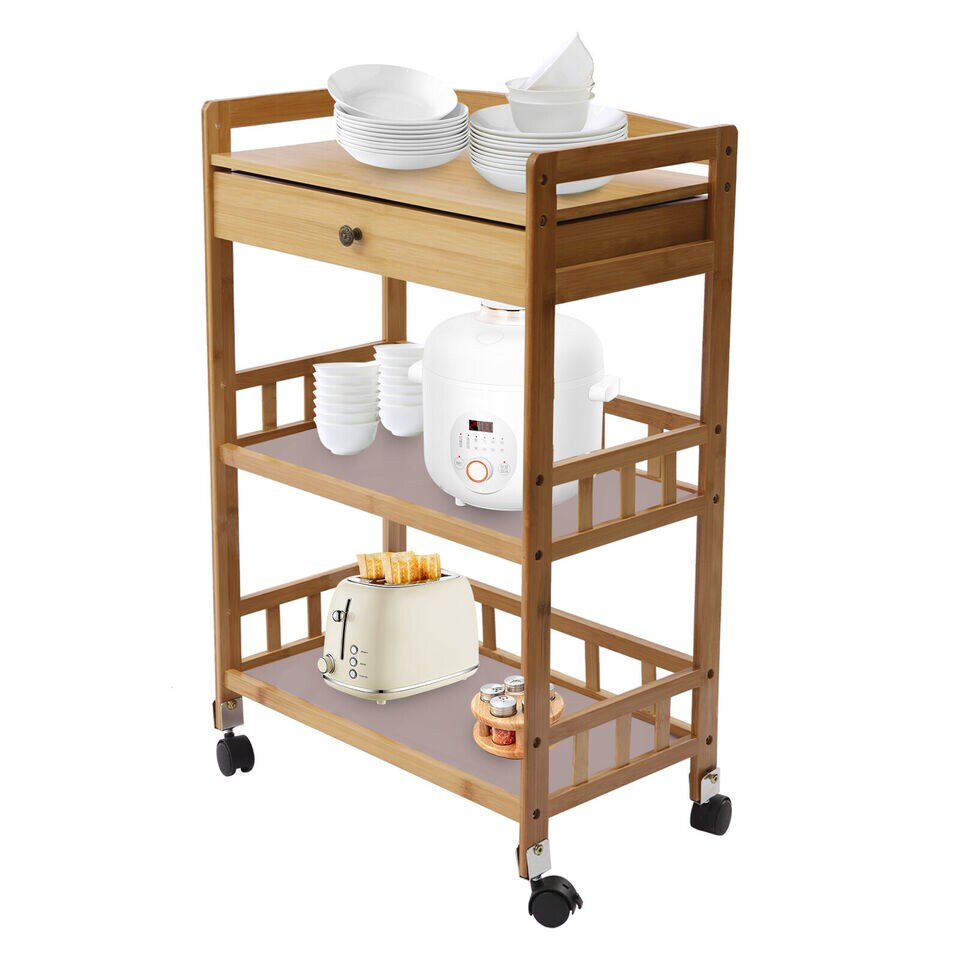 Kitcheniva Durable Bamboo Home Rolling Kitchen Trolley With Storage ...
