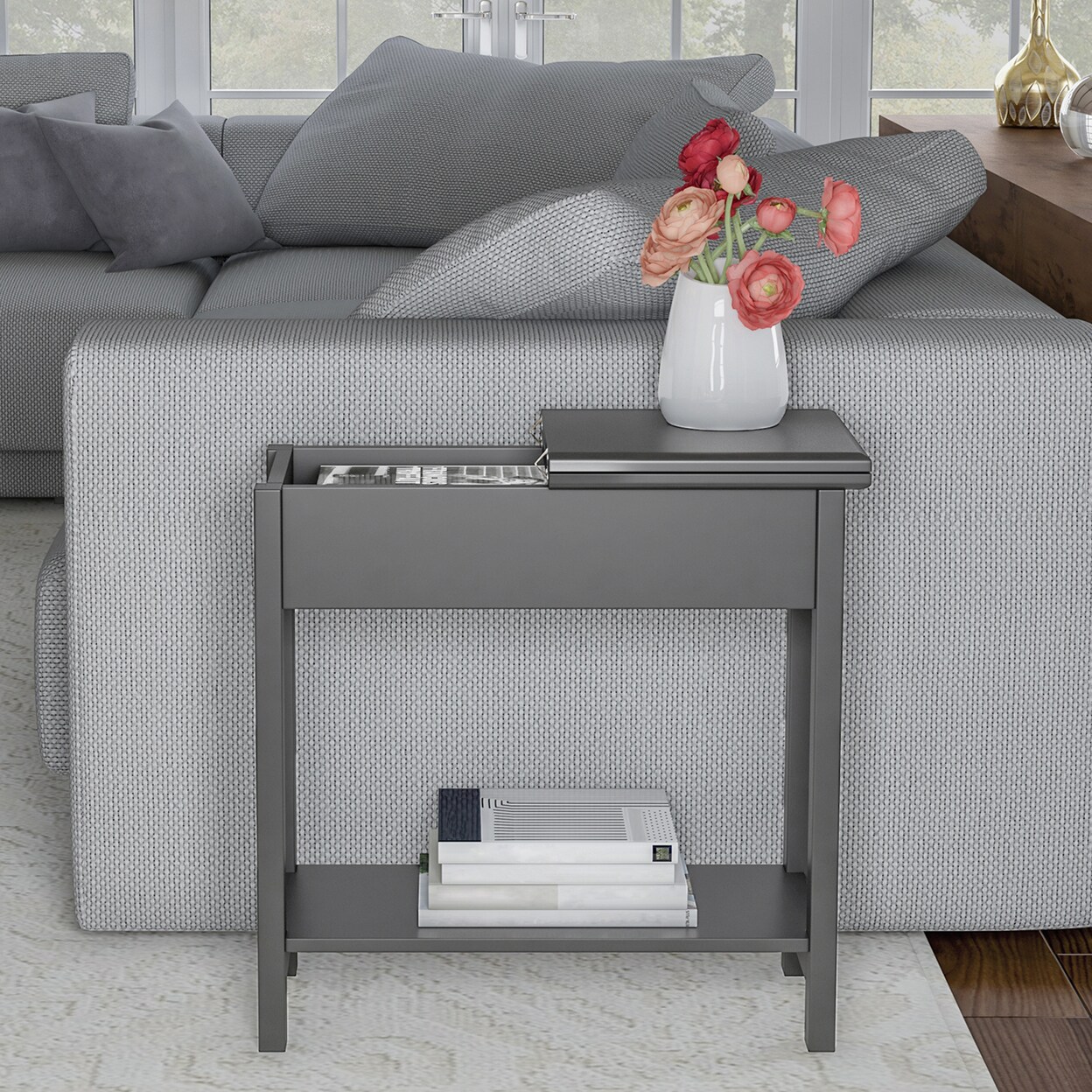 Gray Flip Top End Table Slim Console With Storage Compartment 22.75"X11 ...