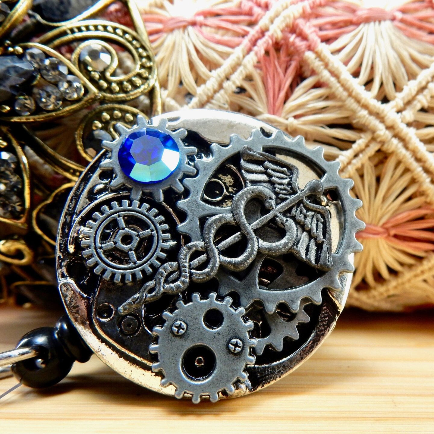 Custom Crystal Badge Reel, Rhinestone Steampunk Caduceus Badge Holder ...