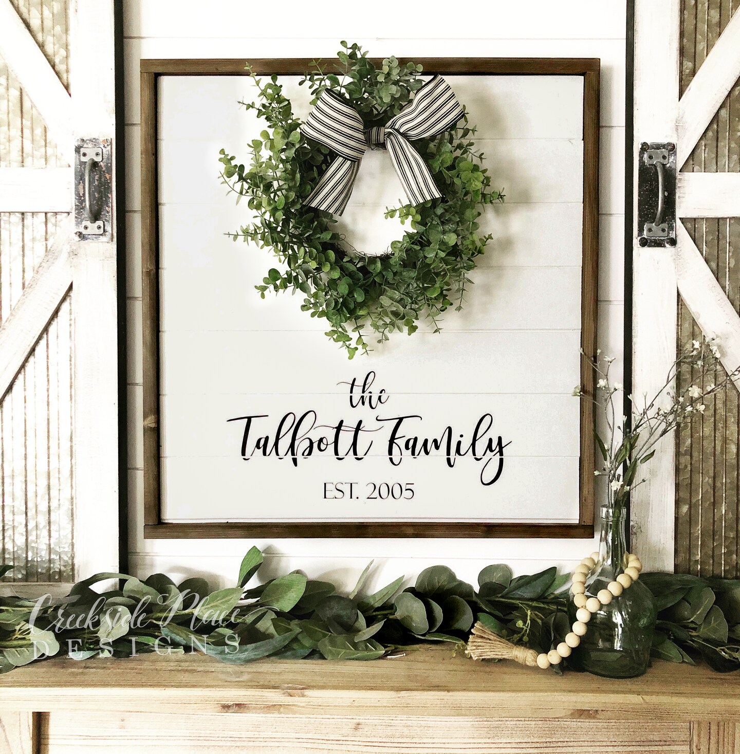 Shiplap Family Name Sign with Faux Eucalyptus Wreath | MakerPlace by ...