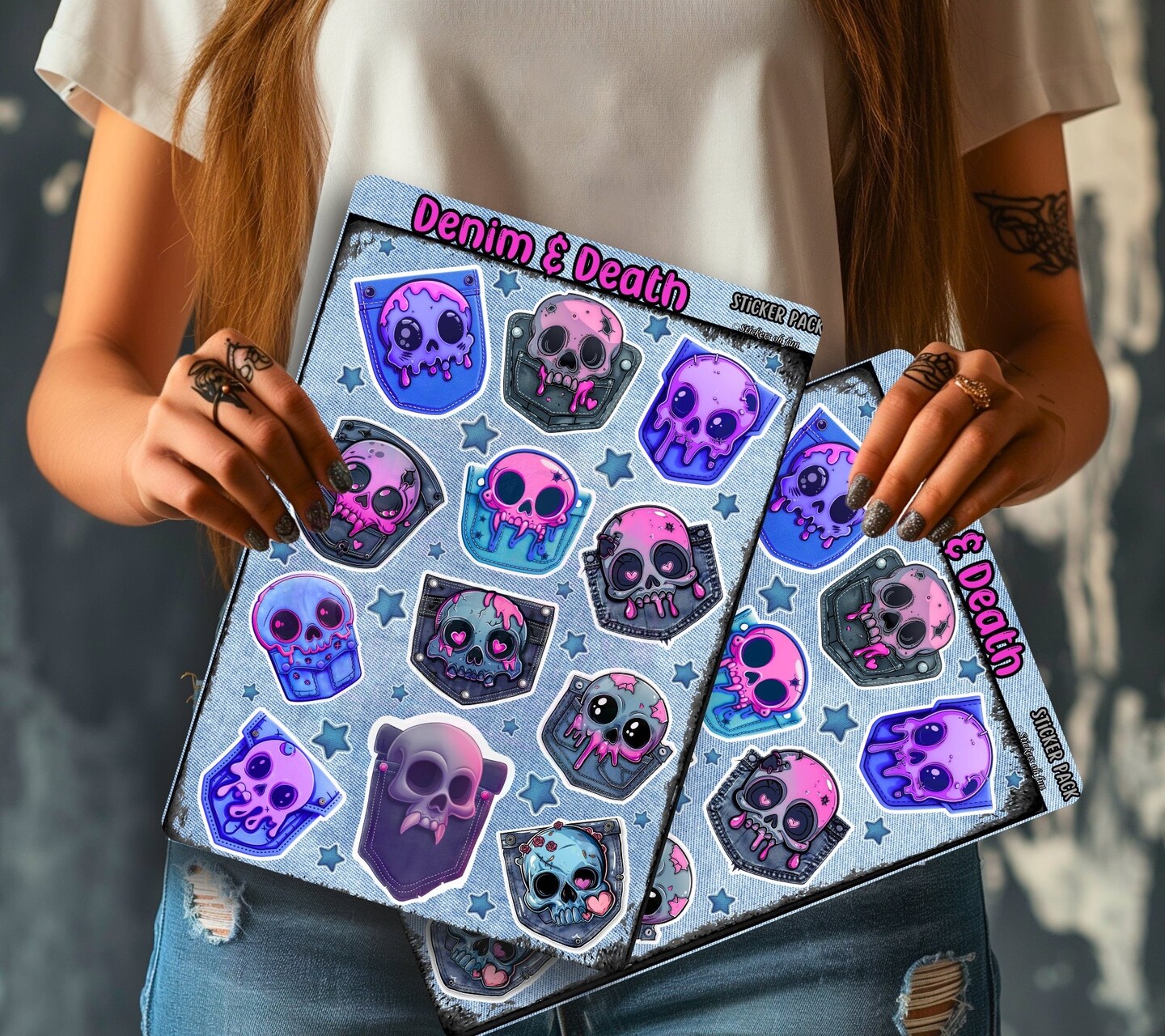 Sticker Sheet: Denim and Dead Kawaii Skulls, Blue Jean Pocket Sticker ...