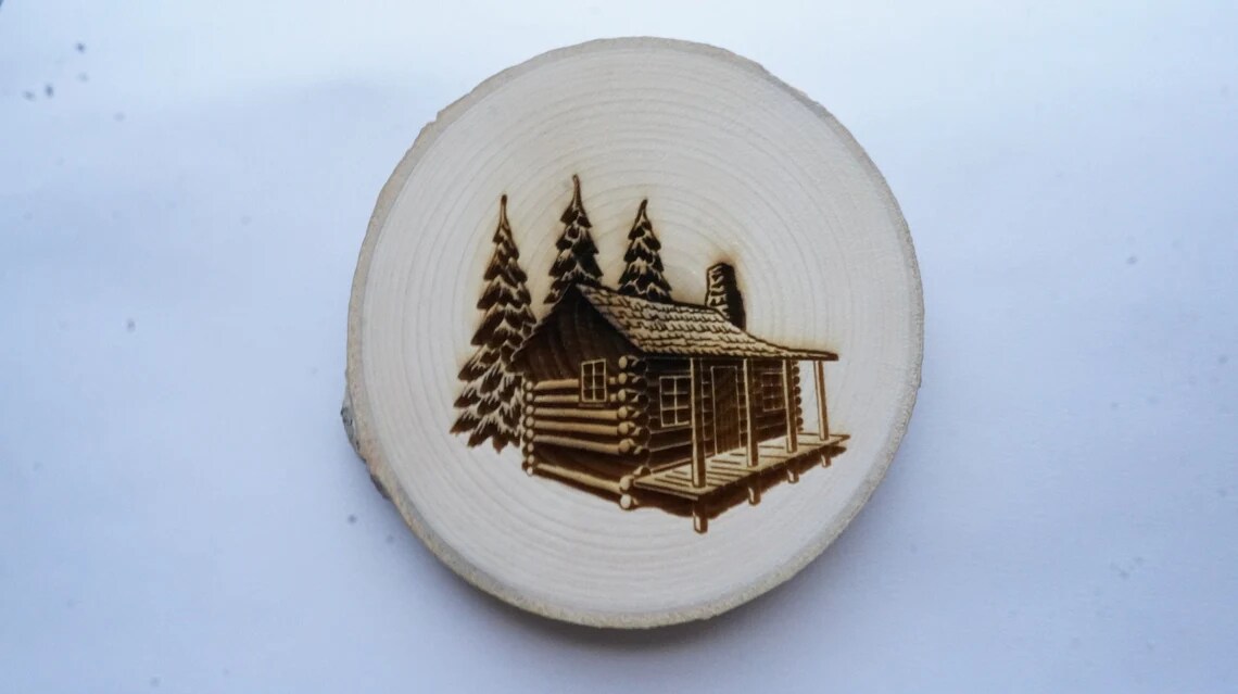 Log cabin wood slice Christmas ornament or magnet, laser engraved tree ...