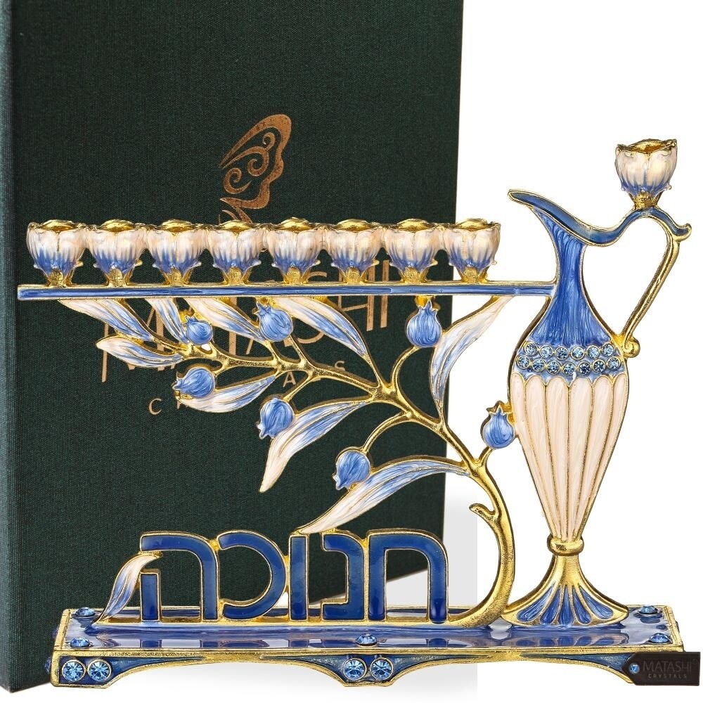 Hand Painted Blue Enamel Menorah Candelabra With Hebrew "Hanukkah ...