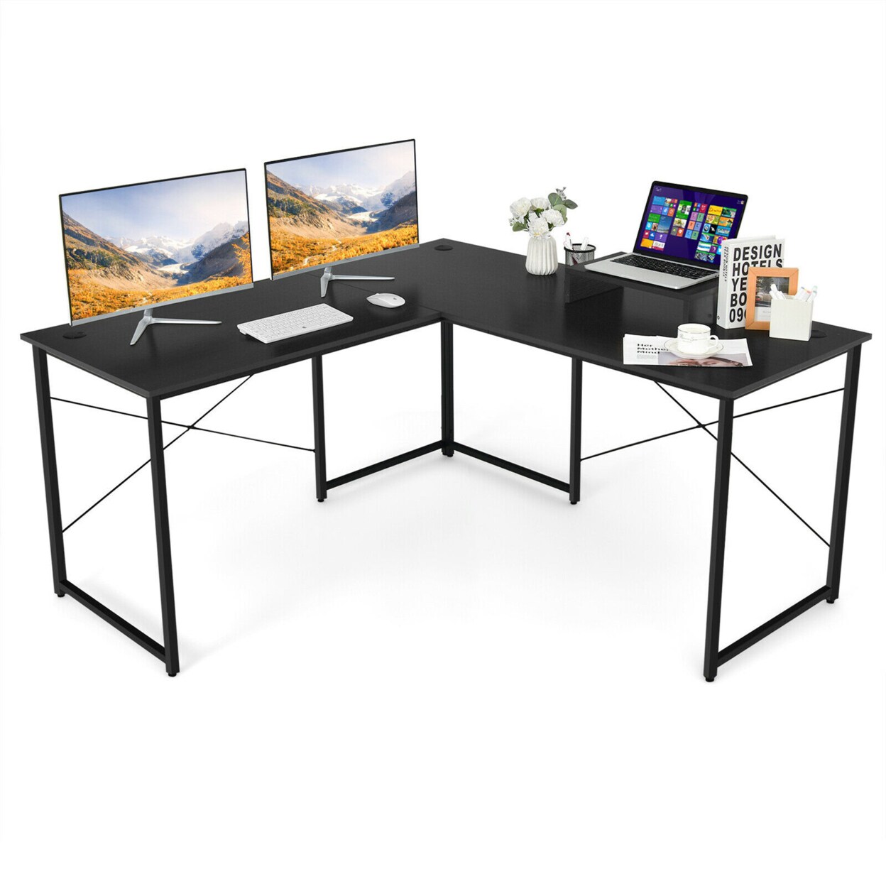 L-Shaped Reversible Computer Desk 2-Person Long Table W/Monitor Stand ...