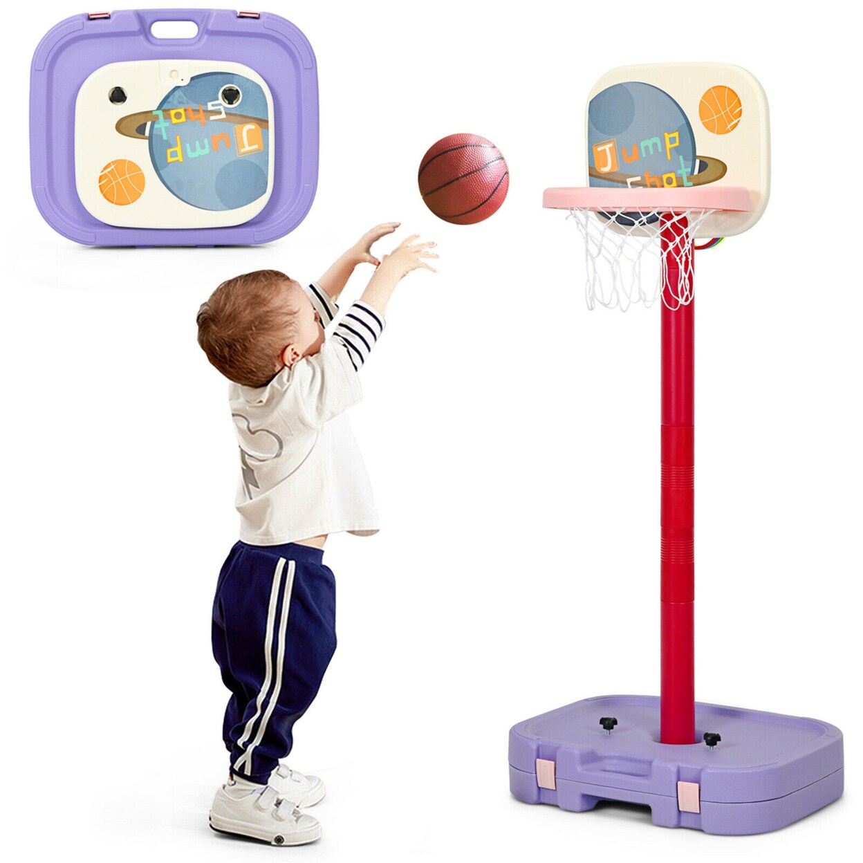 Gymax Portable 2 in 1 Kids Basketball Hoop Stand w/ Ring Toss & Storage ...