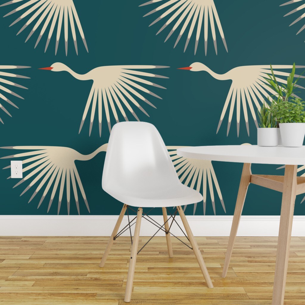 Pre Pasted Wallpaper 2FT Wide Birds Teal Art Deco Crane Fly Long Neck Pre Pasted Wallpaper 2FT Wide Birds Teal Art Deco Crane Fly Long Neck