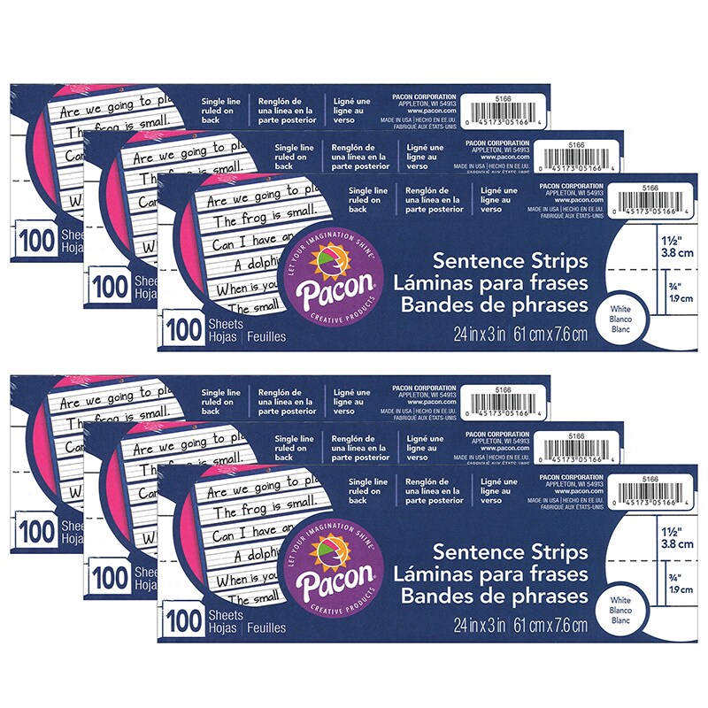 Sentence Strips, White, 1-1/2" Ruled, 3" X 24", 100 Strips Per Pack, 6 ...