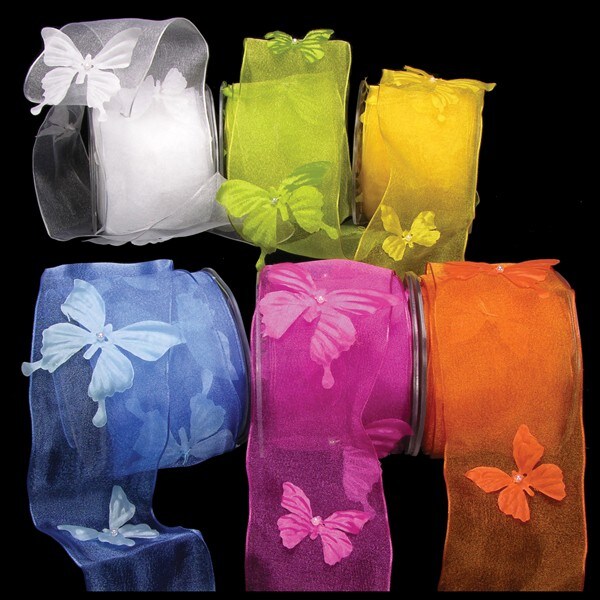 The Ribbon People Green Butterflies Sheer Wired Craft Ribbon 2.75" x 17 ...