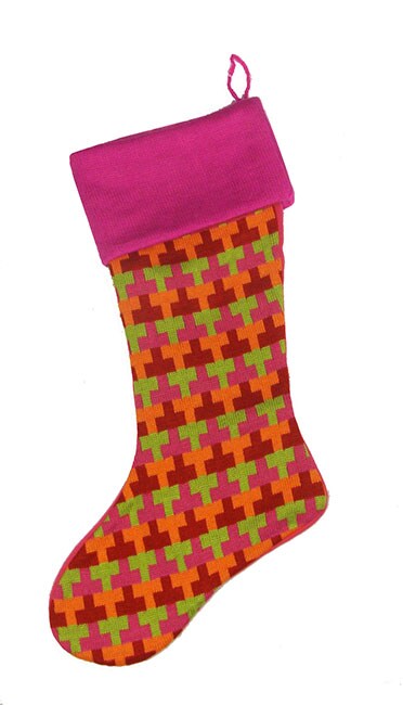 Sterling 18.5" Pink and Green Knitted T Patterned Christmas Stocking ...
