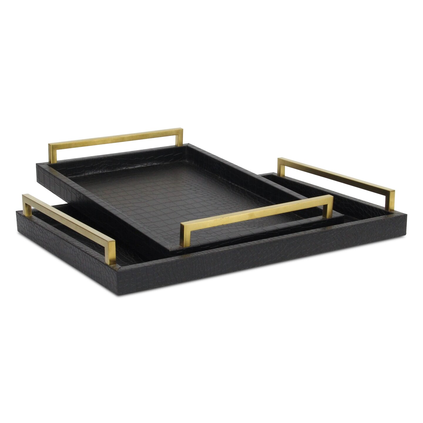 Contemporary Home Living Set of 2 Black and Gold Solid Rectangular Tray ...