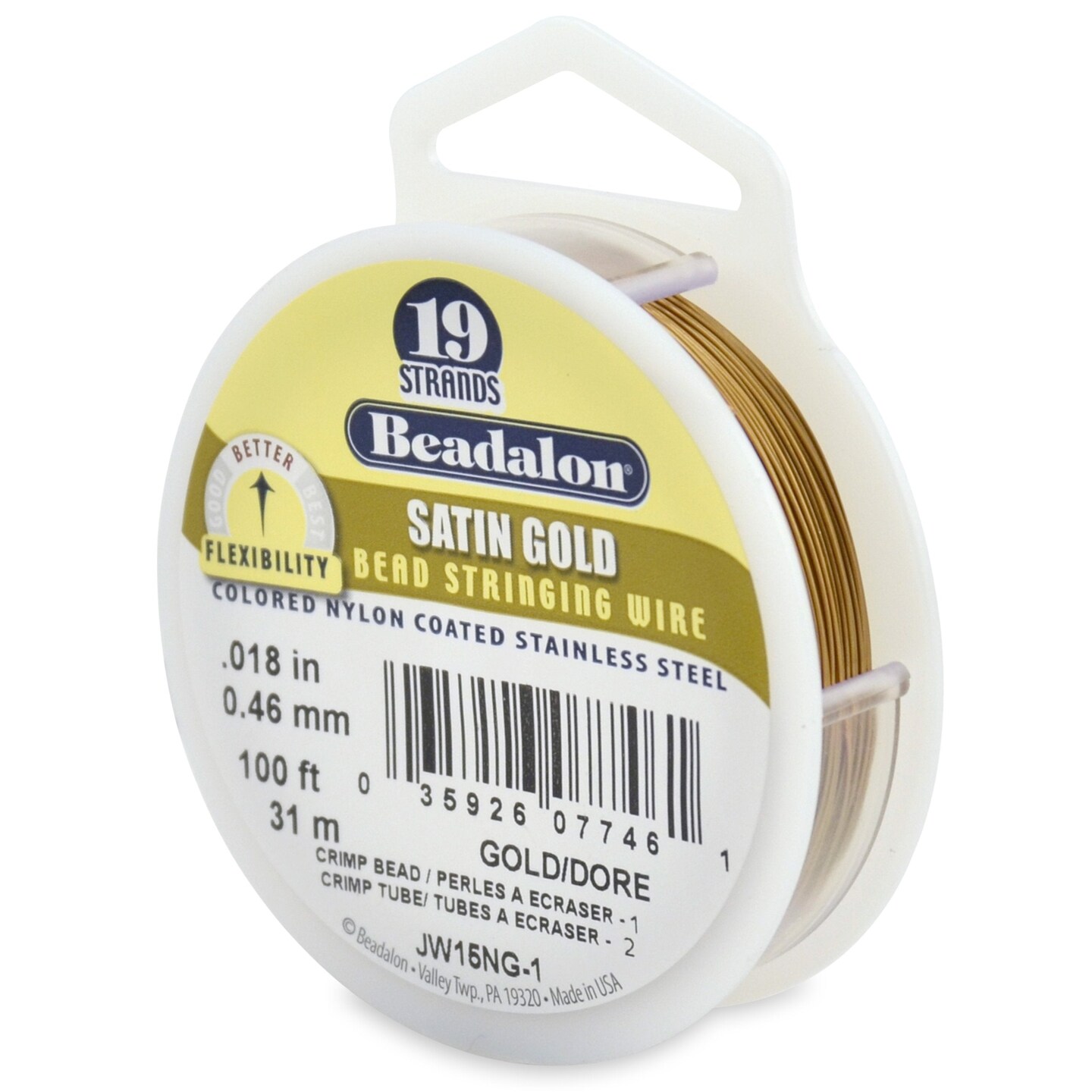 Beadalon 19-Strand Bead Stringing Wire, 0.018-Inch, Satin Gold, 100 ...