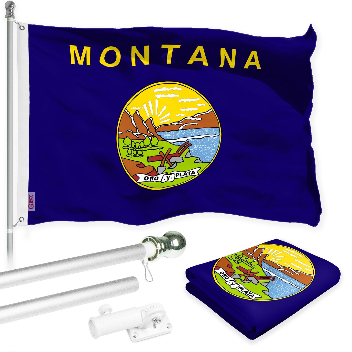 G128 Combo Pack: 6 Ft Tangle Free Spinning Flagpole (Silver) & Montana ...
