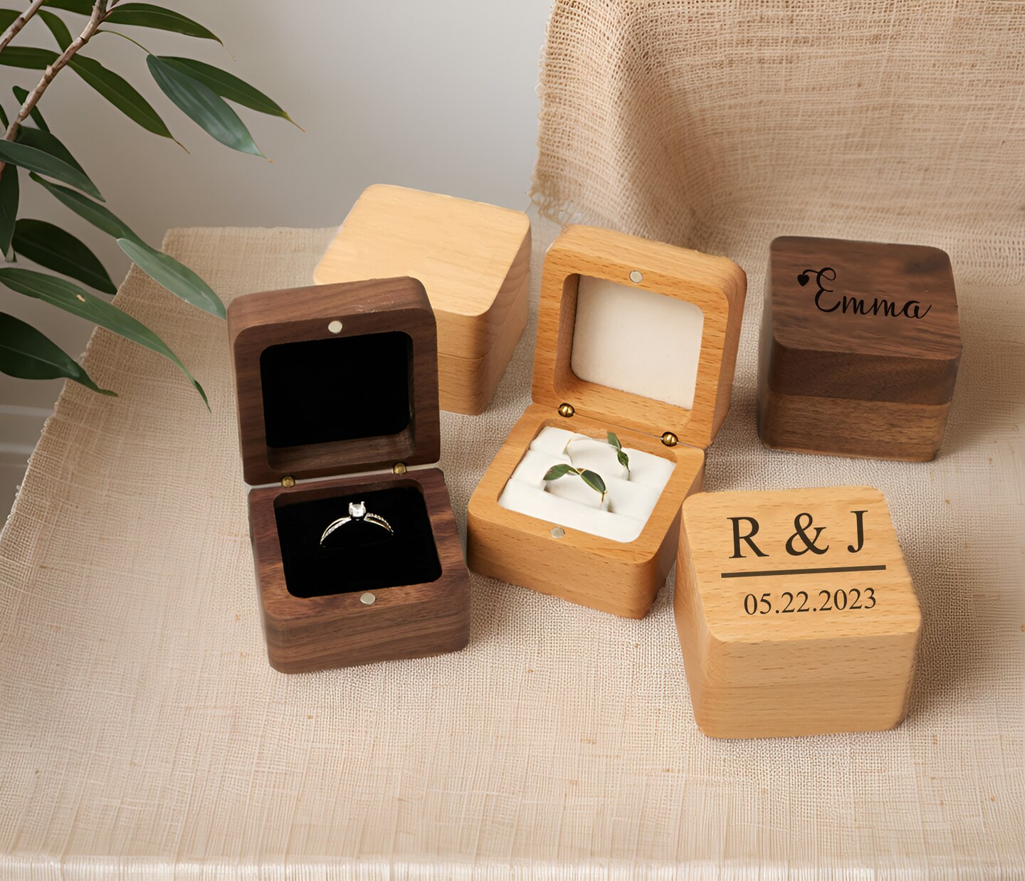 Personalized Wedding Ring Box, Square Wooden Ring Box, Brides Ring Box, Couple Ring Box, Custom ...
