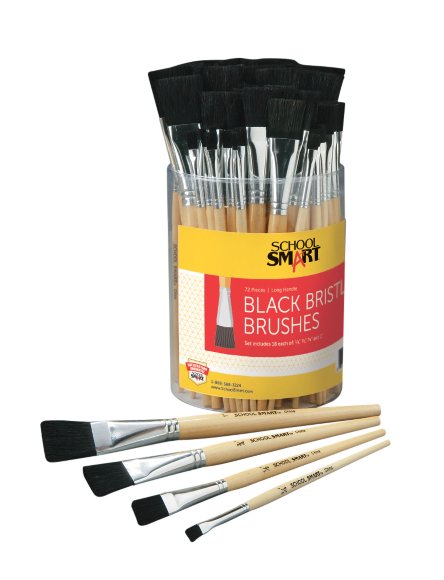 School Smart Black Bristle Paint Brushes, Long Handle, Assorted Sizes ...