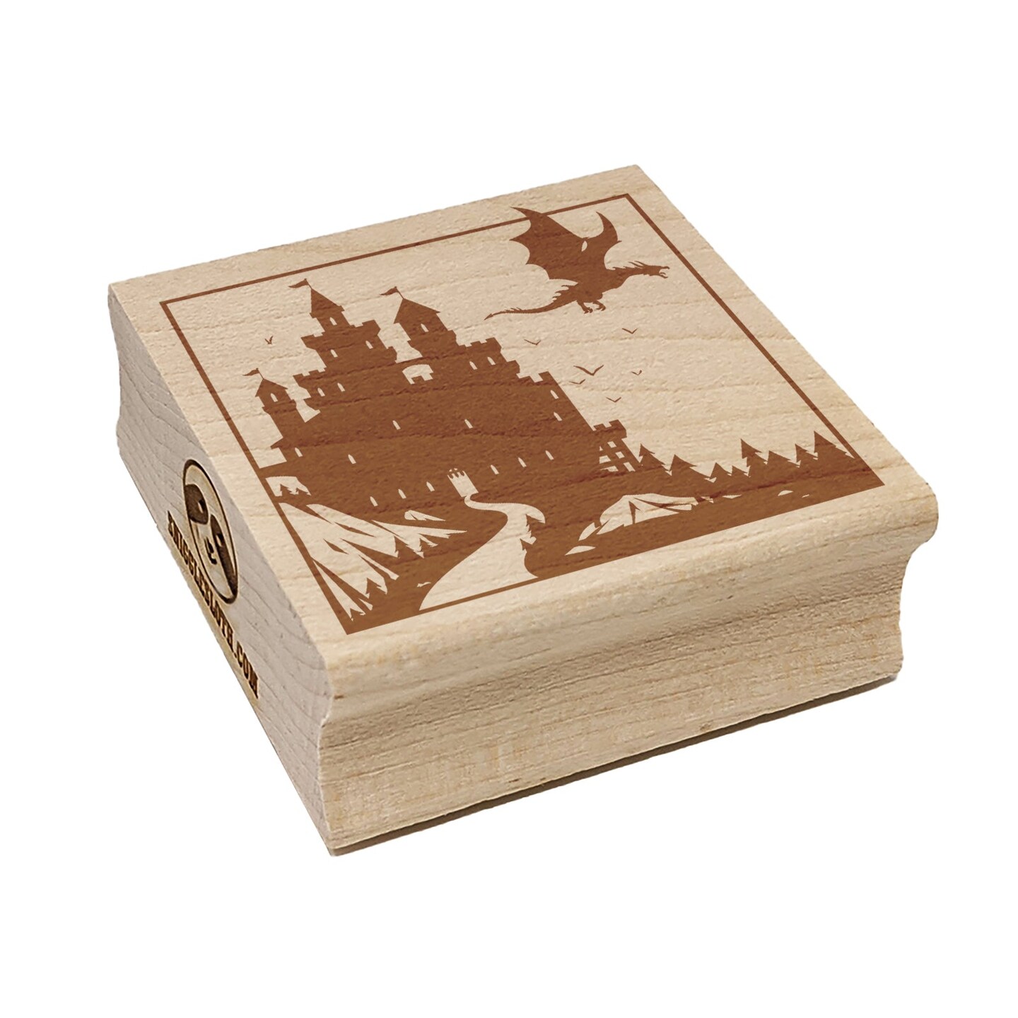 Dragon Flying Over Medieval Castle Square Rubber Stamp for Stamping ...