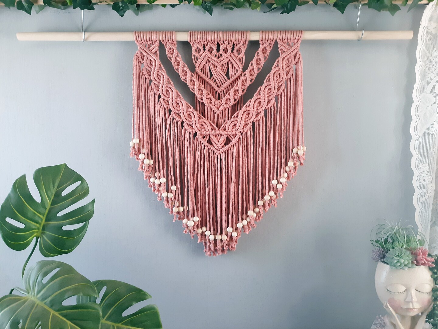 Beaded Pink Macrame Wall Hanging for Boho Bedroom, Living Room Wall Art ...