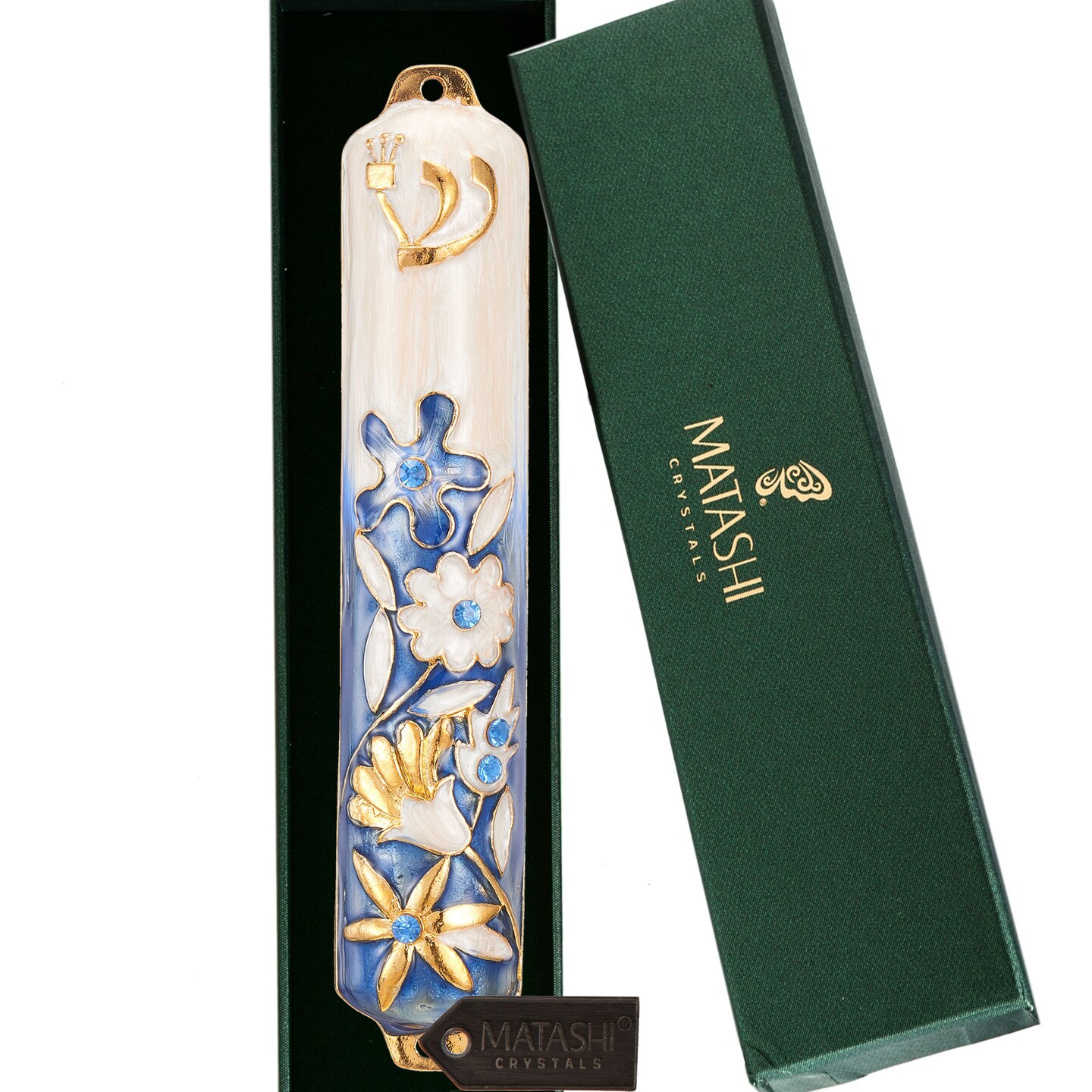 Matashi Hand Painted 5" Blue And Ivory Enamel Flower Mezuzah ...
