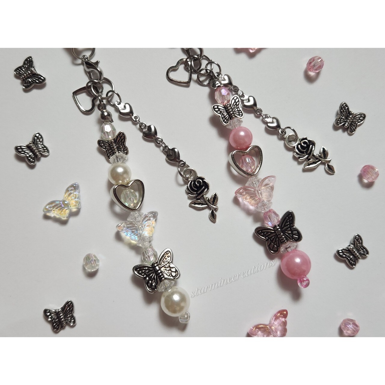 Butterfly Rose Phone Strap ~ Beaded Keychain Charm Girly Alt Coquette ...