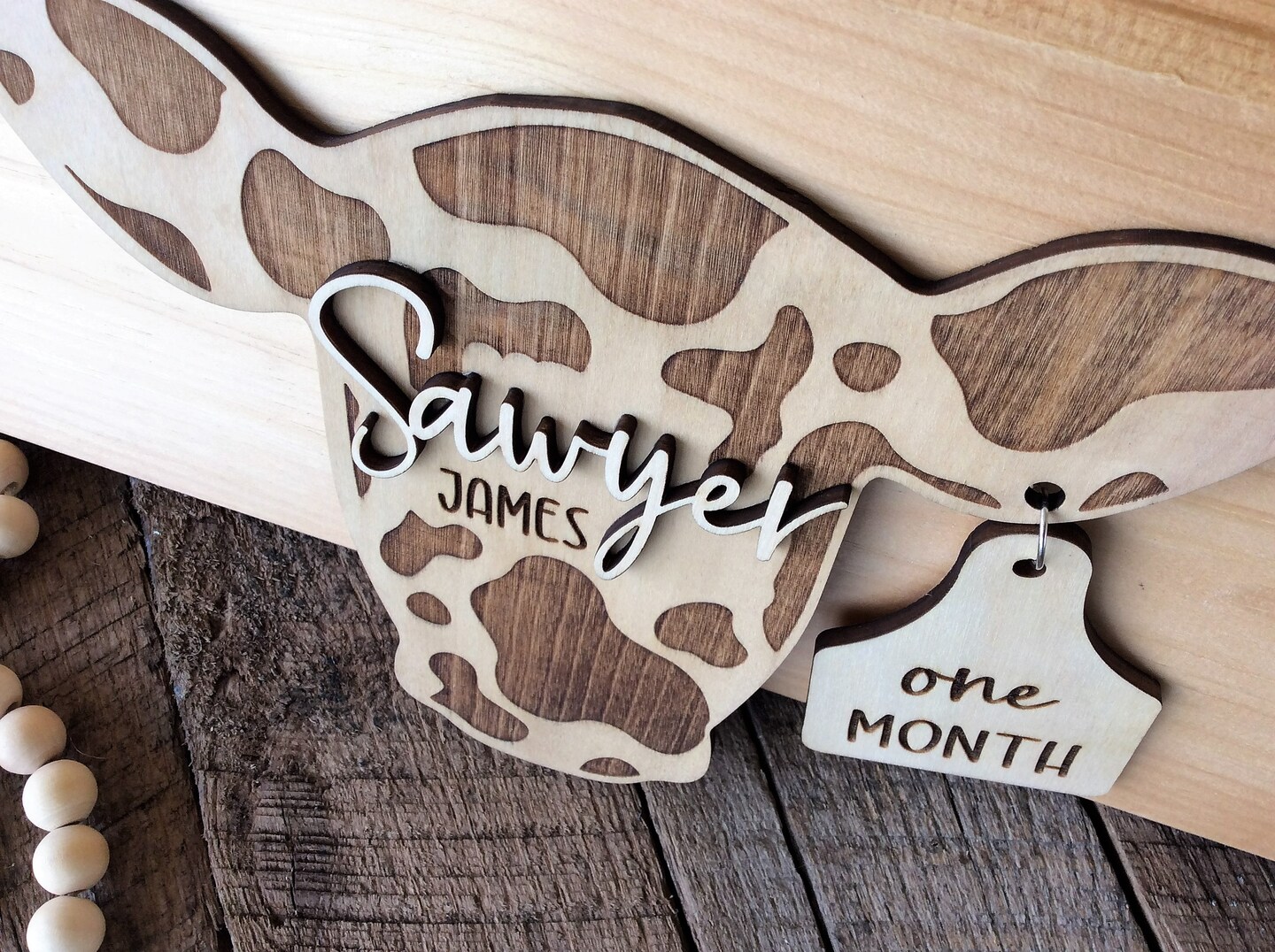 Cow Tag Baby Milestones, Birth Announcement Sign, Engraved Wood Monthly ...