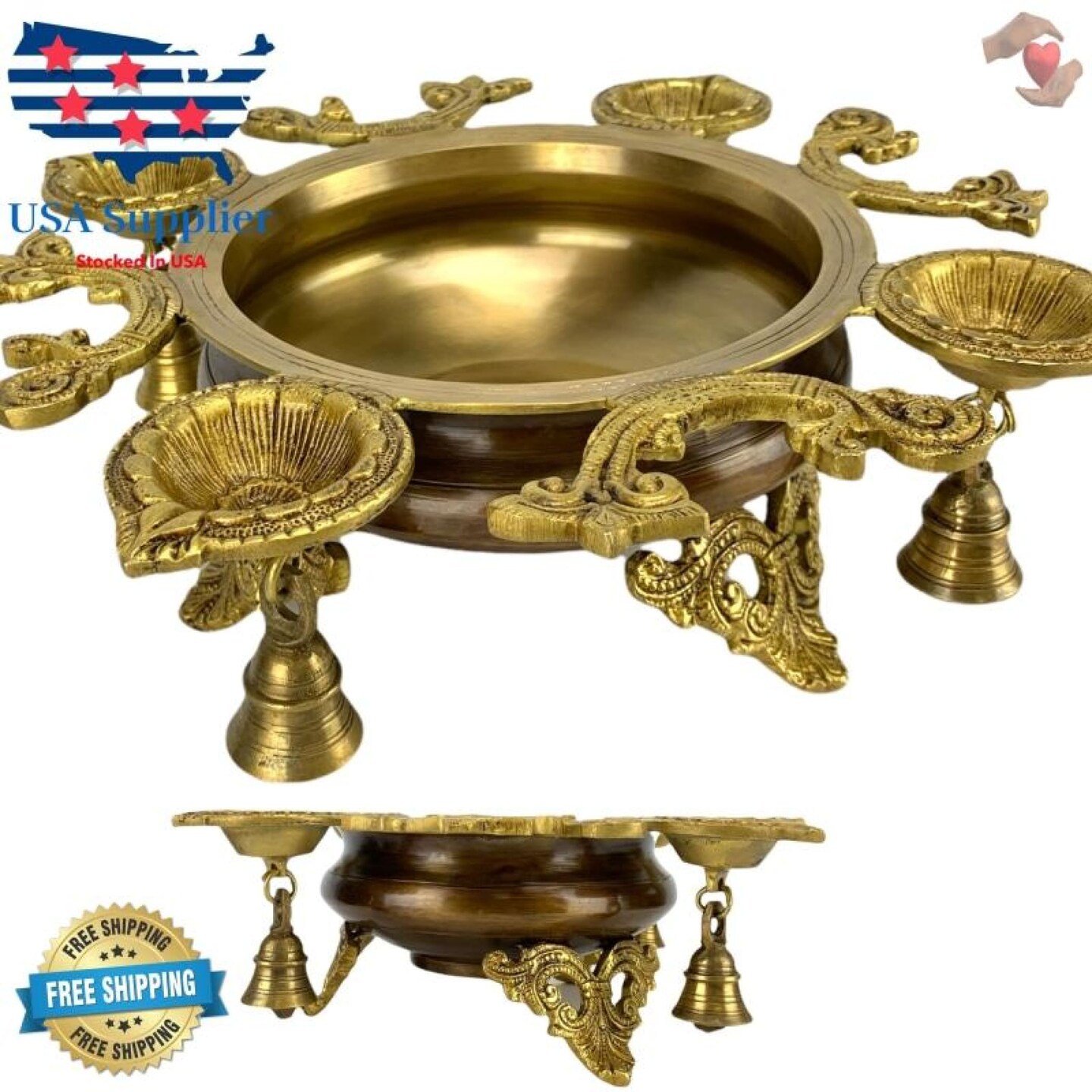 Large Brass Deepak Urli With Bell, Centre Table Decor, Brass Statue For ...