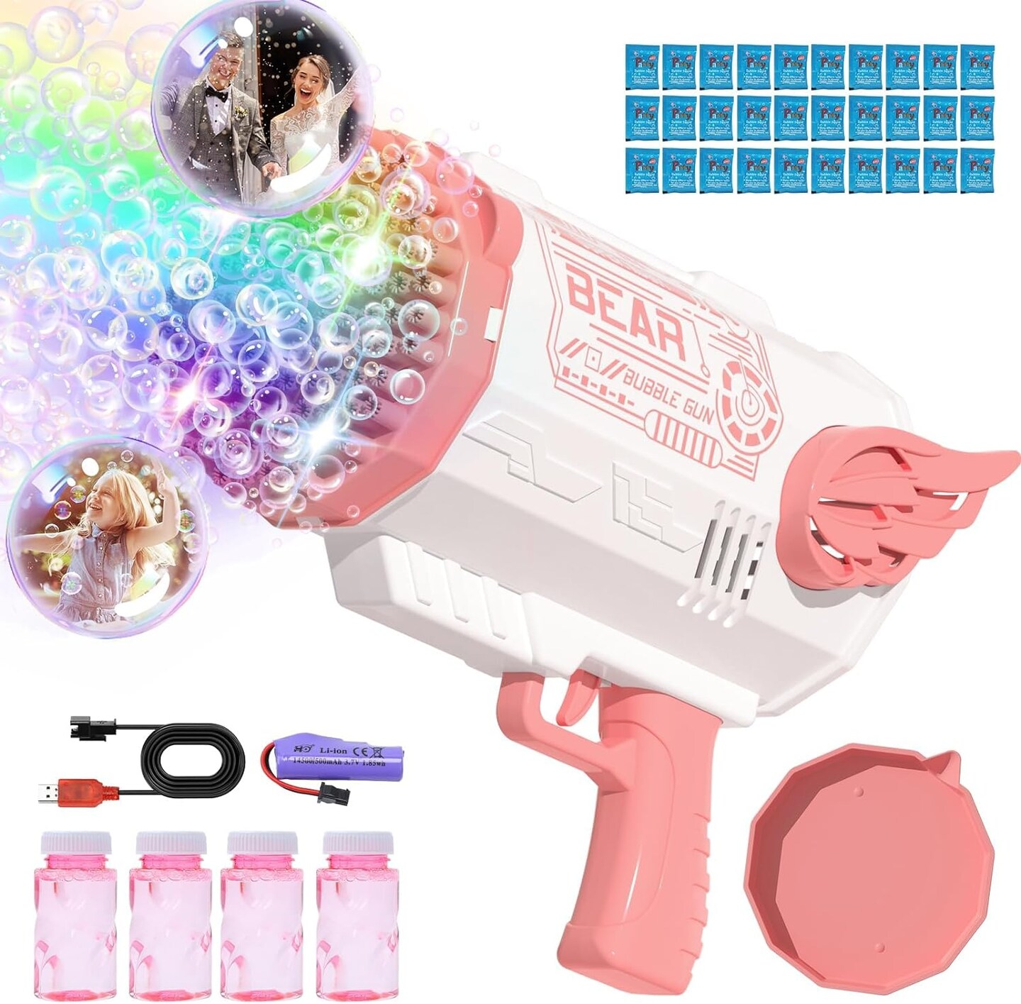 Skirfy 112 Holes Bubble Machine Gun With Colorful Lights and 34 Pack ...