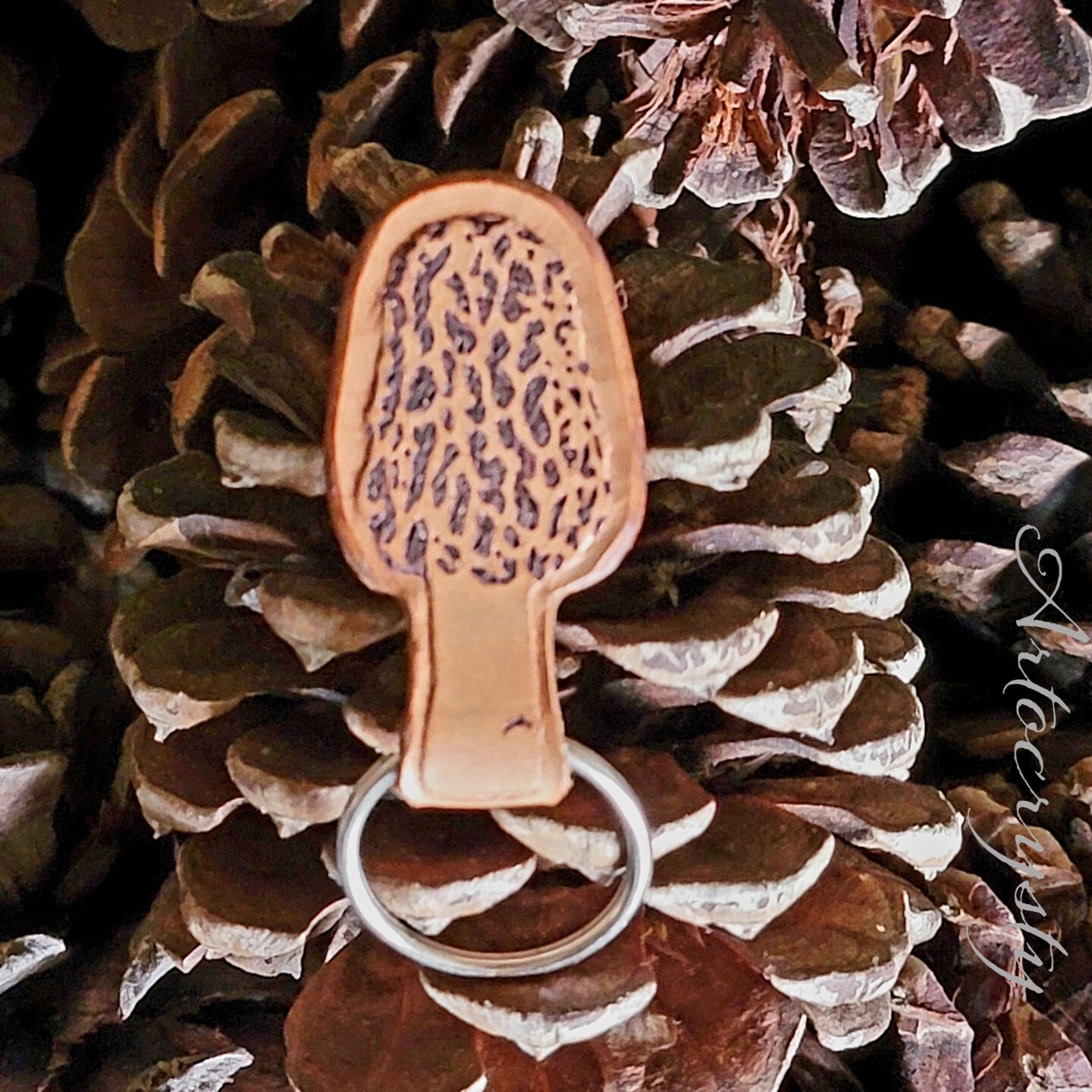 Leather Morel Mushroom Keychain, Double Sided Morel Mushroom Pyrography ...
