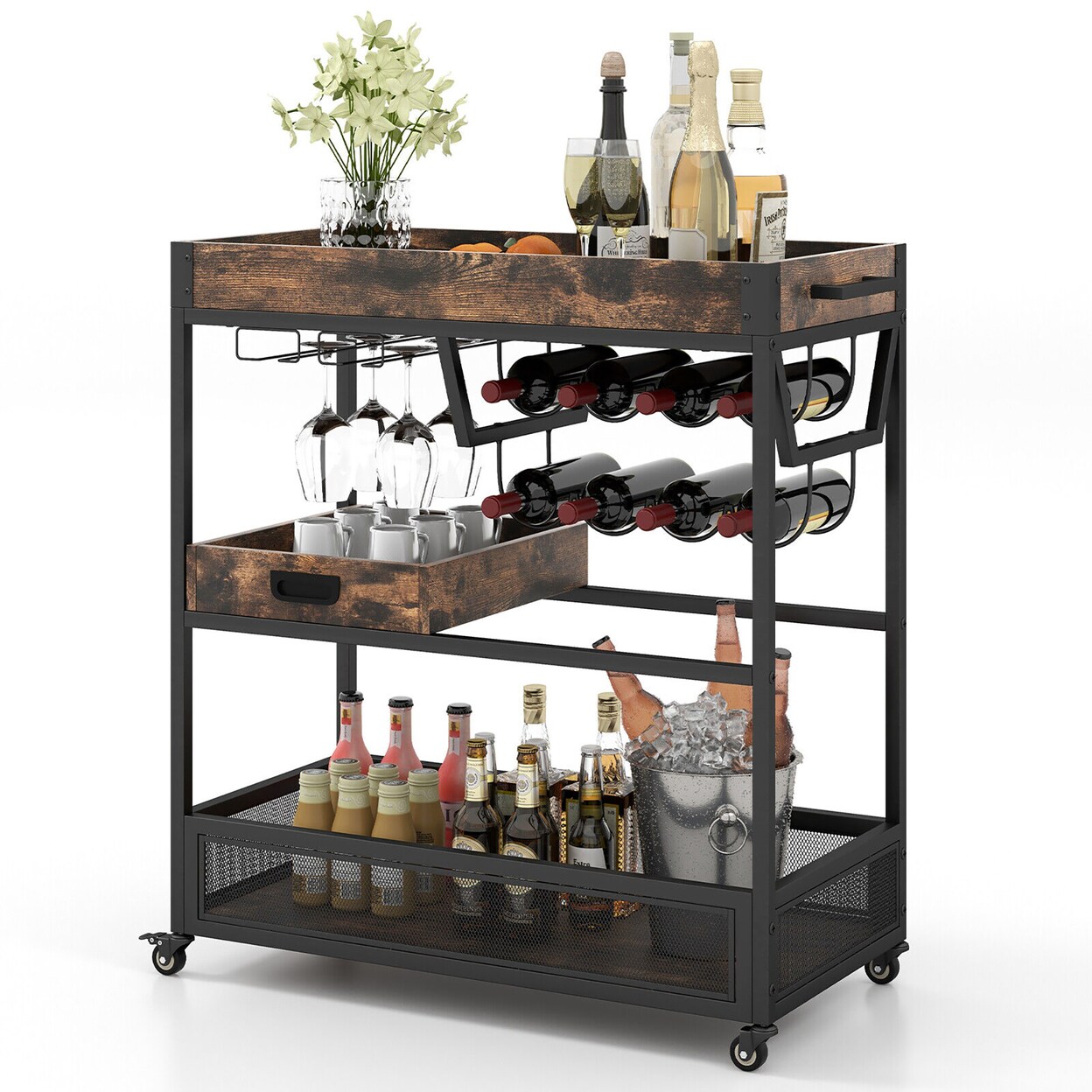 Rolling Bar Cart 3-Tier Industrial Buffet Serving Trolley W/ Wine Rack ...