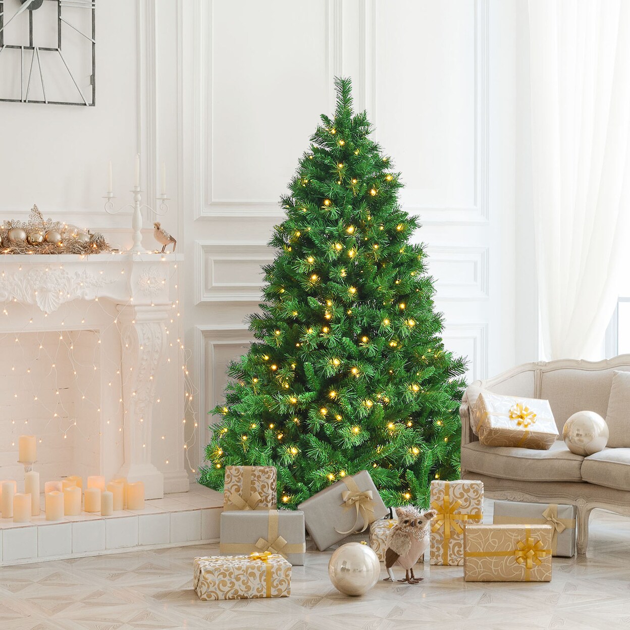 6/7/9 Ft Pre-Lit Artificial Christmas Tree Hinged Xmas Tree W/ 8 Flash ...