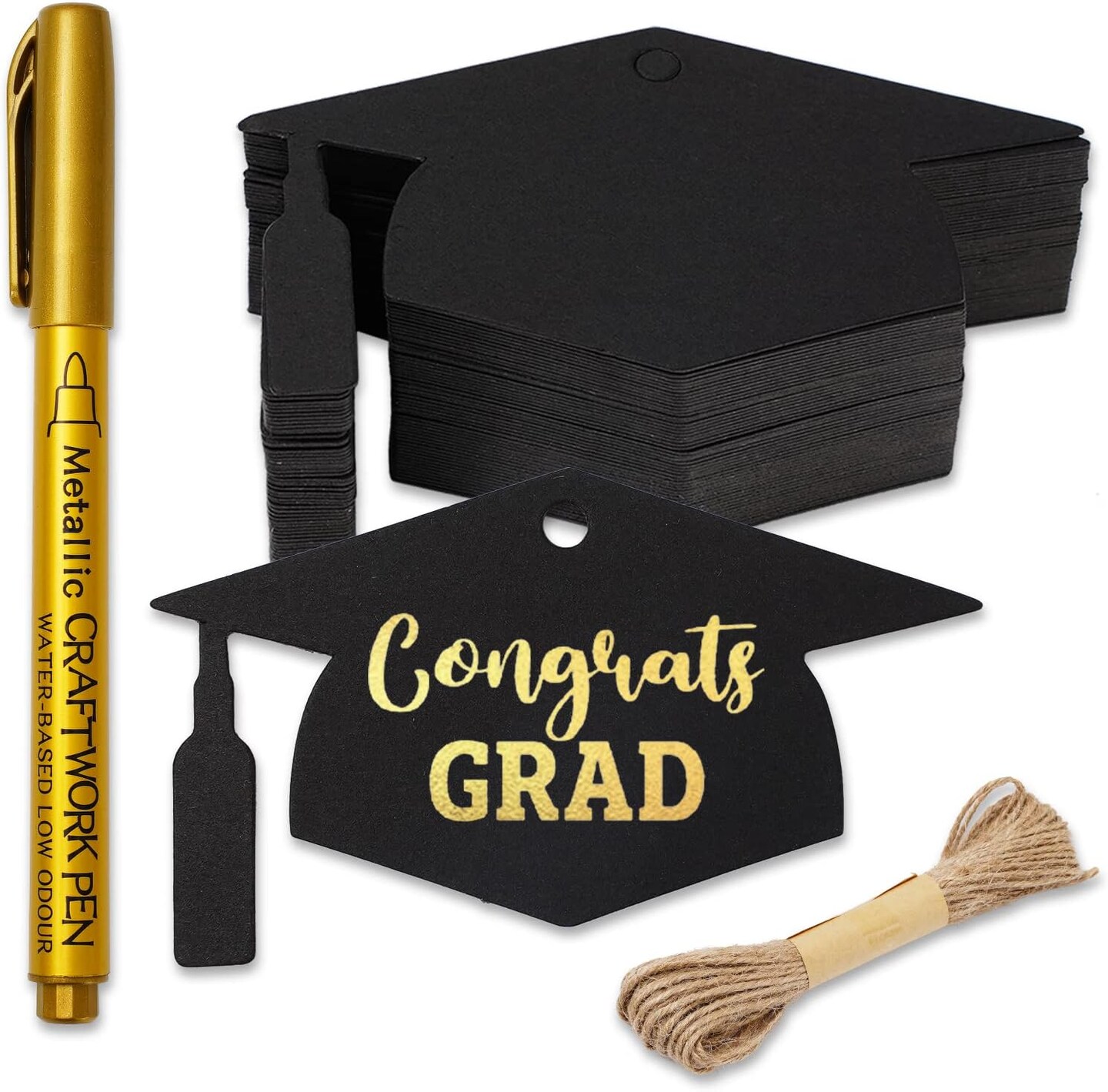 100Pcs Graduation Cap Gift Tags with Gold Marker Pen Hemp Rope Congrats ...