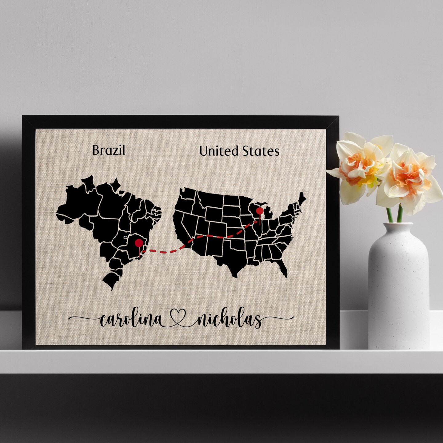 Love Map, Custom two location linked love map, Map with States and ...