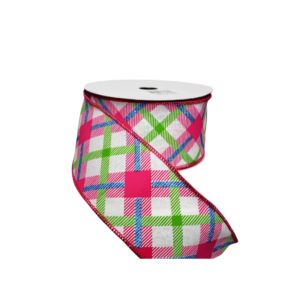 Vibrant Easter & Spring Plaid Wired Ribbon - White/Lime/Hot Pink/Blue ...