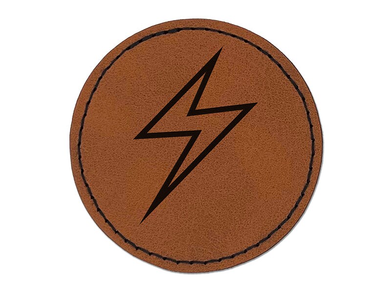 Lightning Bolt Thunderbolt Outline Round Iron-On Engraved Faux Leather ...