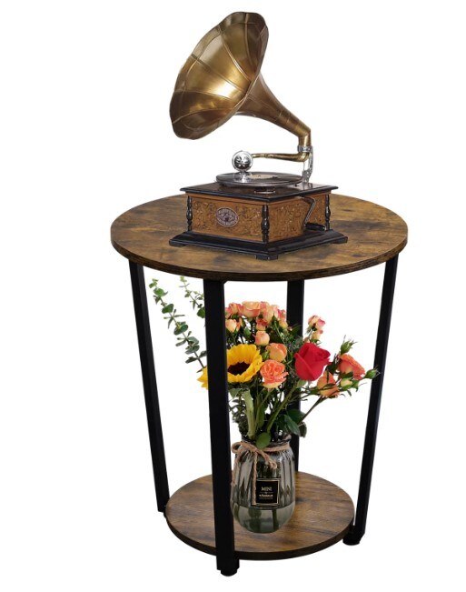 Rustic Brown Industrial End Table, 2 Tier Round Side Table with Sturdy ...