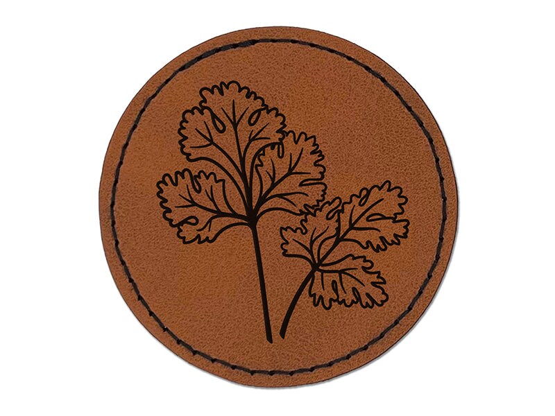 Cilantro Herb Plant Round Iron-On Engraved Faux Leather Patch Applique ...