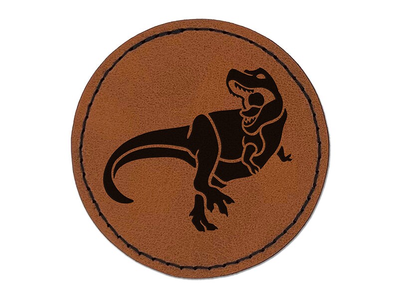 Tyrannosaurus Rex Dinosaur Roaring Round Iron-On Engraved Faux Leather ...