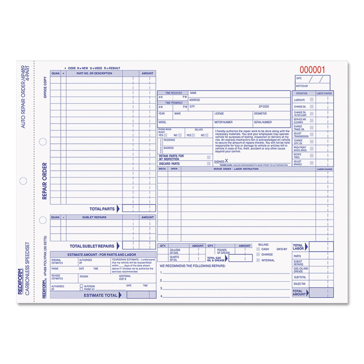Rediform Speediset Four-Part Auto Repair Form, Four-Part Carbonless, 11 ...