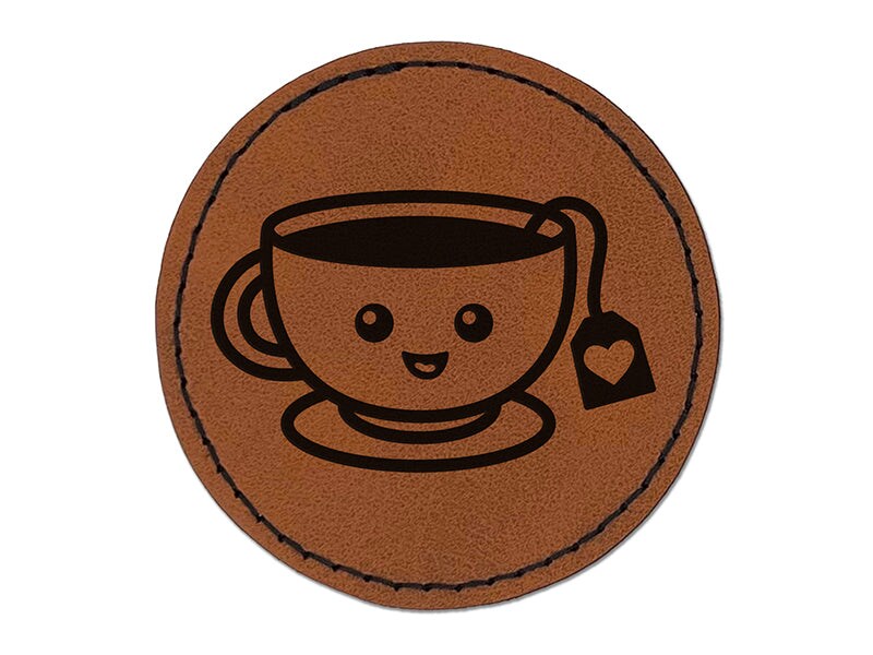 Kawaii Cute Cup of Tea Round Iron-On Engraved Faux Leather Patch ...