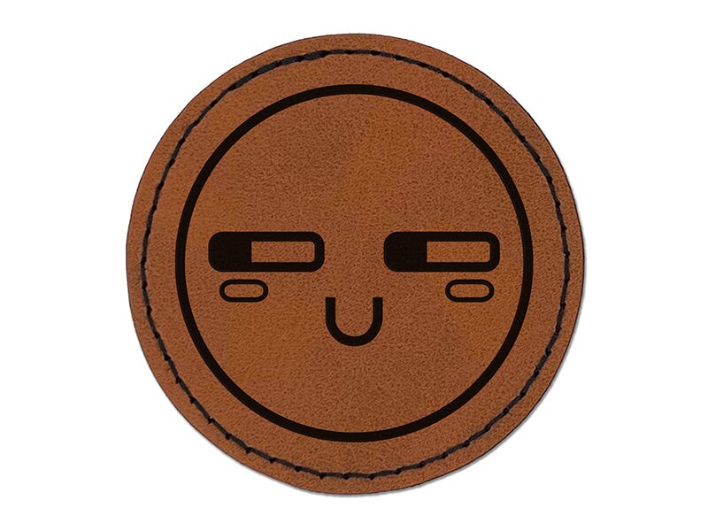 Kawaii Cute Suspicious Smile Round Iron-On Engraved Faux Leather Patch ...