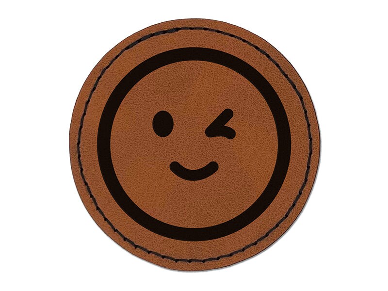 Winking Smiling Face Emoticon Round Iron-On Engraved Faux Leather Patch ...