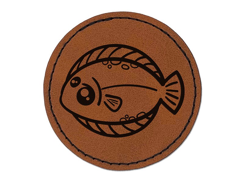Kawaii Dab Fish Round Iron-On Engraved Faux Leather Patch Applique - 2. ...