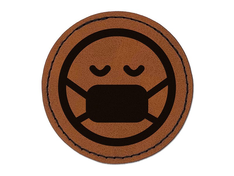 Face Mask Sick Health Emoticon Round Iron-On Engraved Faux Leather ...