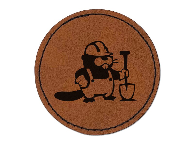 Construction Worker Builder Beaver with Shovel and Hard Hat Round Iron ...
