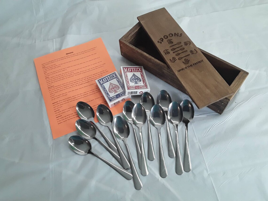 Spoons Game with cards, spoons, and rules. Includes handmade wooden box ...