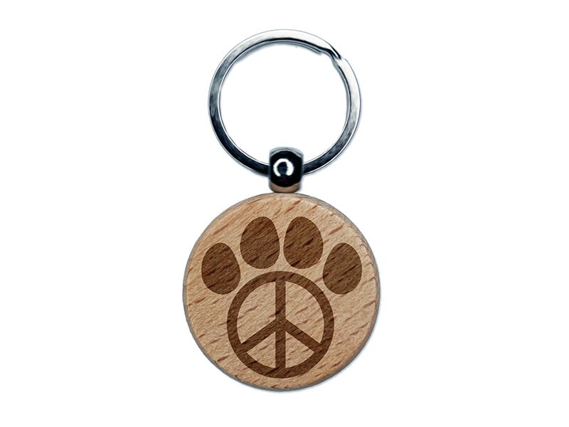 Paw Print Dog Cat Peace Sign Engraved Wood Round Keychain Tag Charm ...
