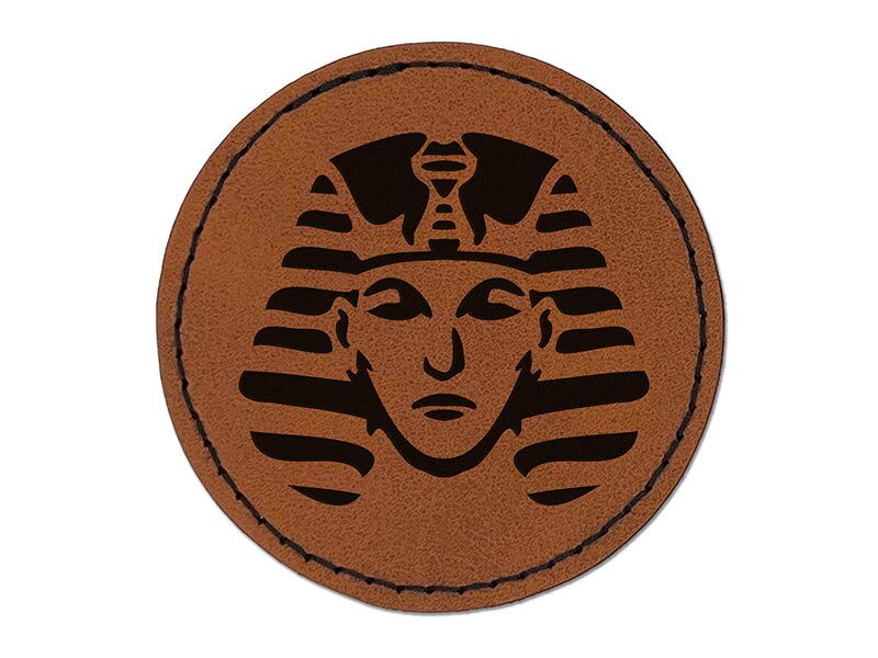 Ancient Egyptian Pharaoh with Crown Round Iron-On Engraved Faux Leather ...