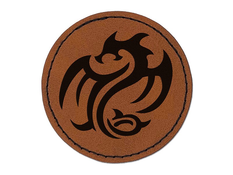 Tribal Dragon Swirl Round Iron-On Engraved Faux Leather Patch Applique ...