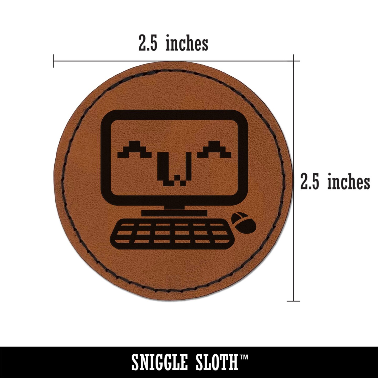 Cute Kawaii Computer Face Emoticon Round Iron-On Engraved Faux Leather ...