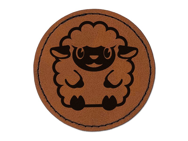 Cute Wooly Sheep Lamb Sitting Round Iron-On Engraved Faux Leather Patch ...
